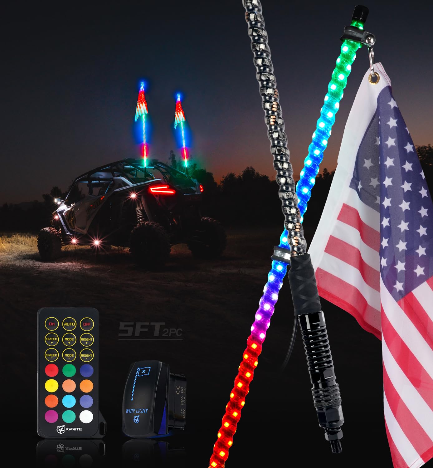 Snapklik.com : Xprite 2PC 5FT Spiral RGB LED Whip Light