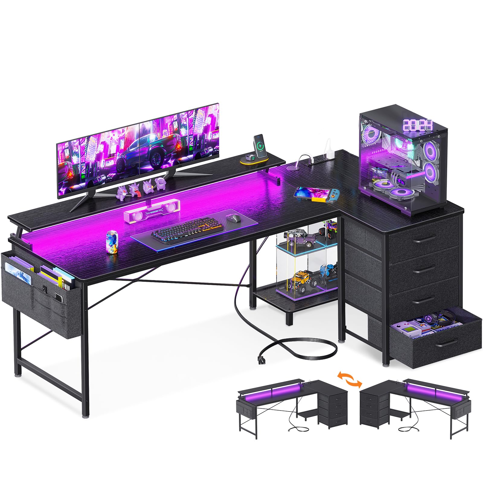 Amazon.com: ODK 63-Inch Gaming Desk with LED Lights & USB Power Outlets, Reversible L-Shaped ...