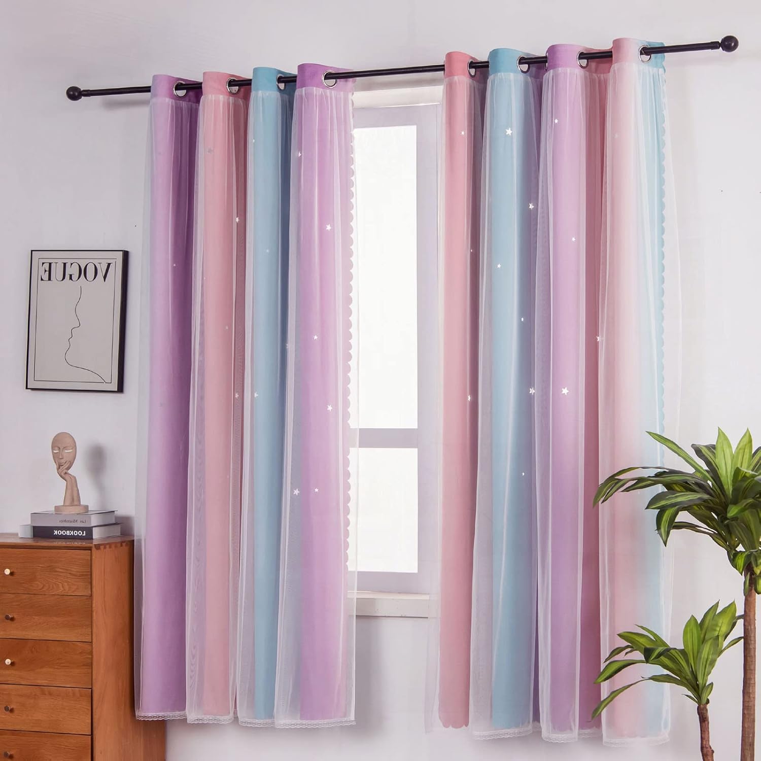 FANLI Ombre Rainbow Star Cutout Blackout Cutains for Girl and Kids ...