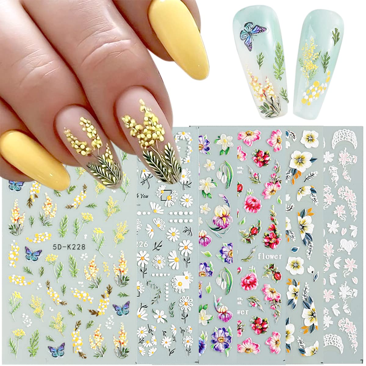 Amazon.com: 5D Flowers Nail Art Stickers, 6 Sheets 5D Embossed Nail ...