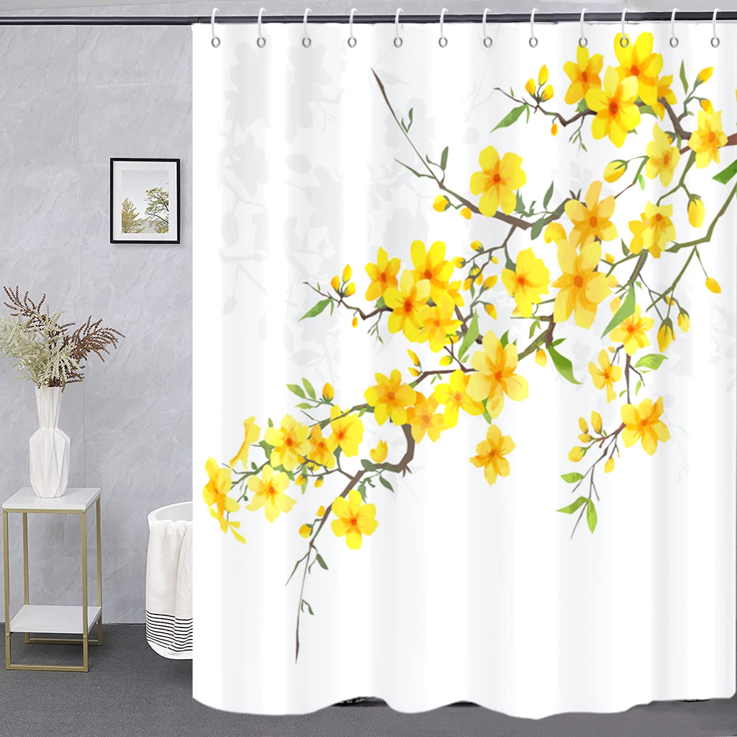 Amazon.com: GKLEASG Yellow Floral Shower Curtain, Flower Blossom Plant ...