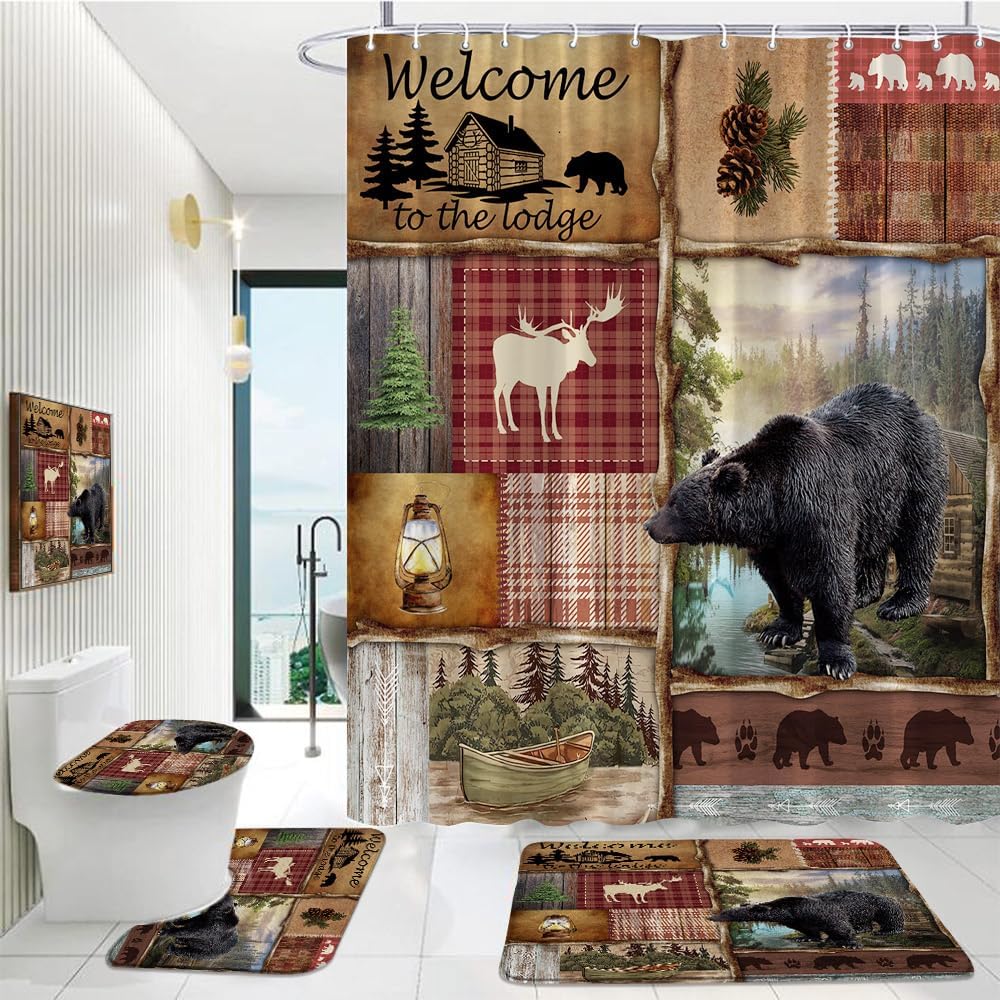 Amazon.com: XPUAFO 4Pcs Rustic Bear Shower Curtain Set with Bath Mat ...