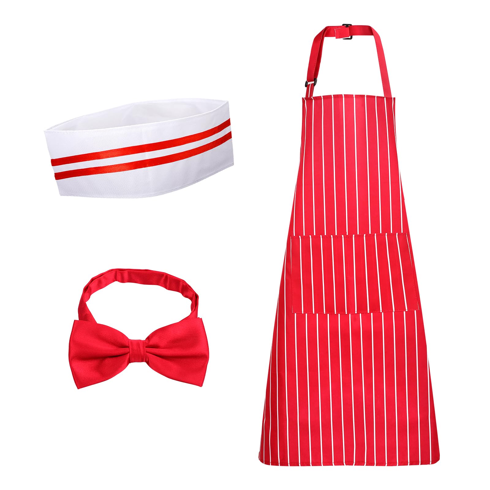 Mikovivi Chef Costume, Red White Striped Apron with 2 Pockets Chef Hat ...