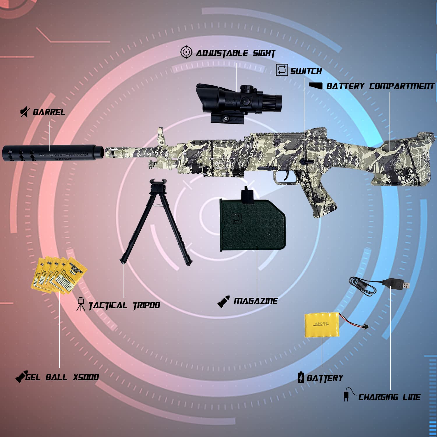 VDD Electric Gel Ball Blaster Gun(M249) with 5000 Water Gel Beads ...