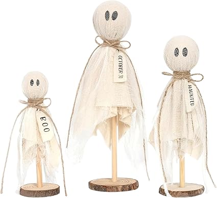 Amazon.com: Halloween Decor Kit - 3pcs Ghosts on Wooden Stand for Table ...