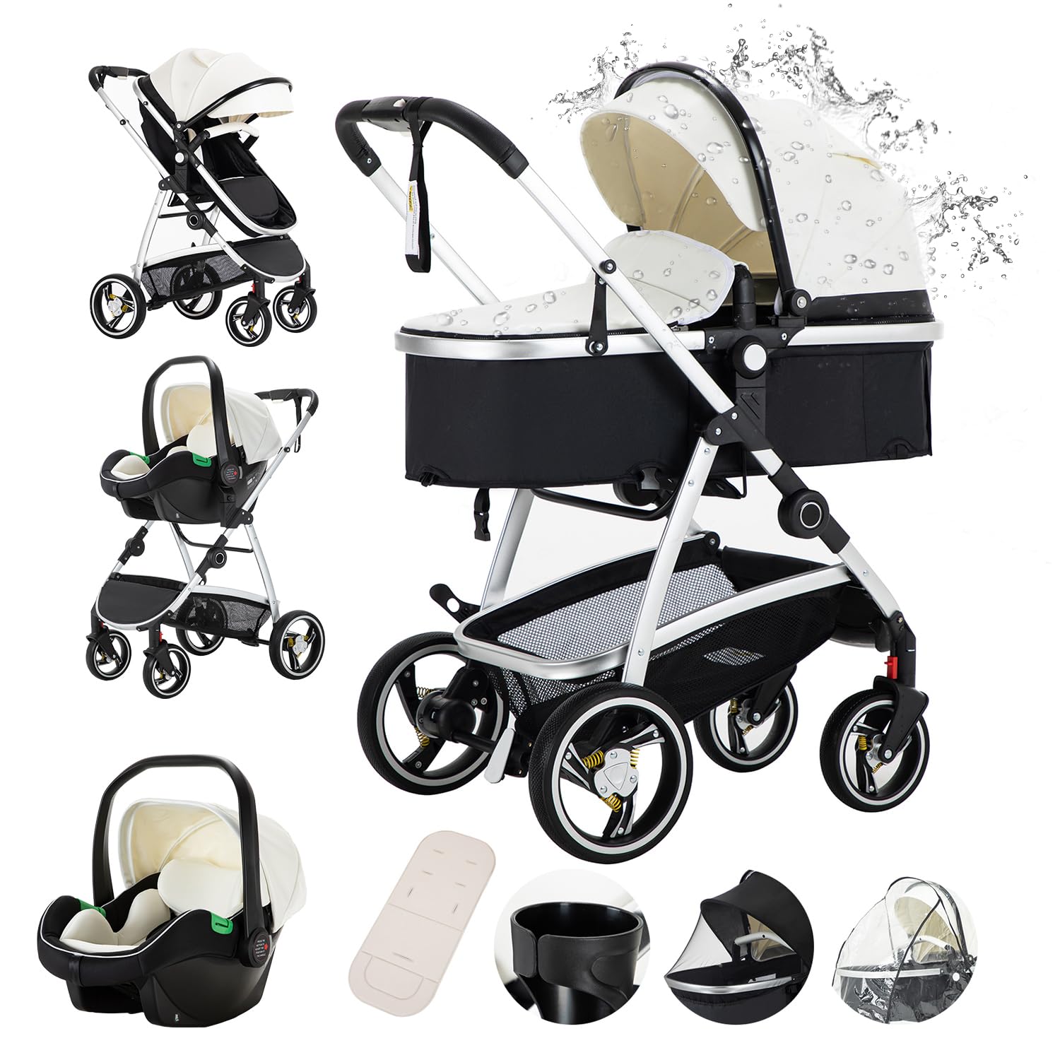 Gcarebb Leather 3 in 1 Pram, City Strollers with Car Seat, Portable One ...