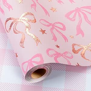 Yarcony Reversible Bow Wrapping Paper, Girl Pink Birthday Wrapping ...