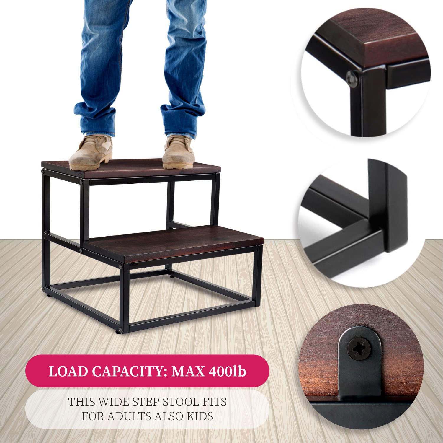 Wooden Two Step Stool - Heavy Duty 2 Step Stool - Holds up to 400Lb ...