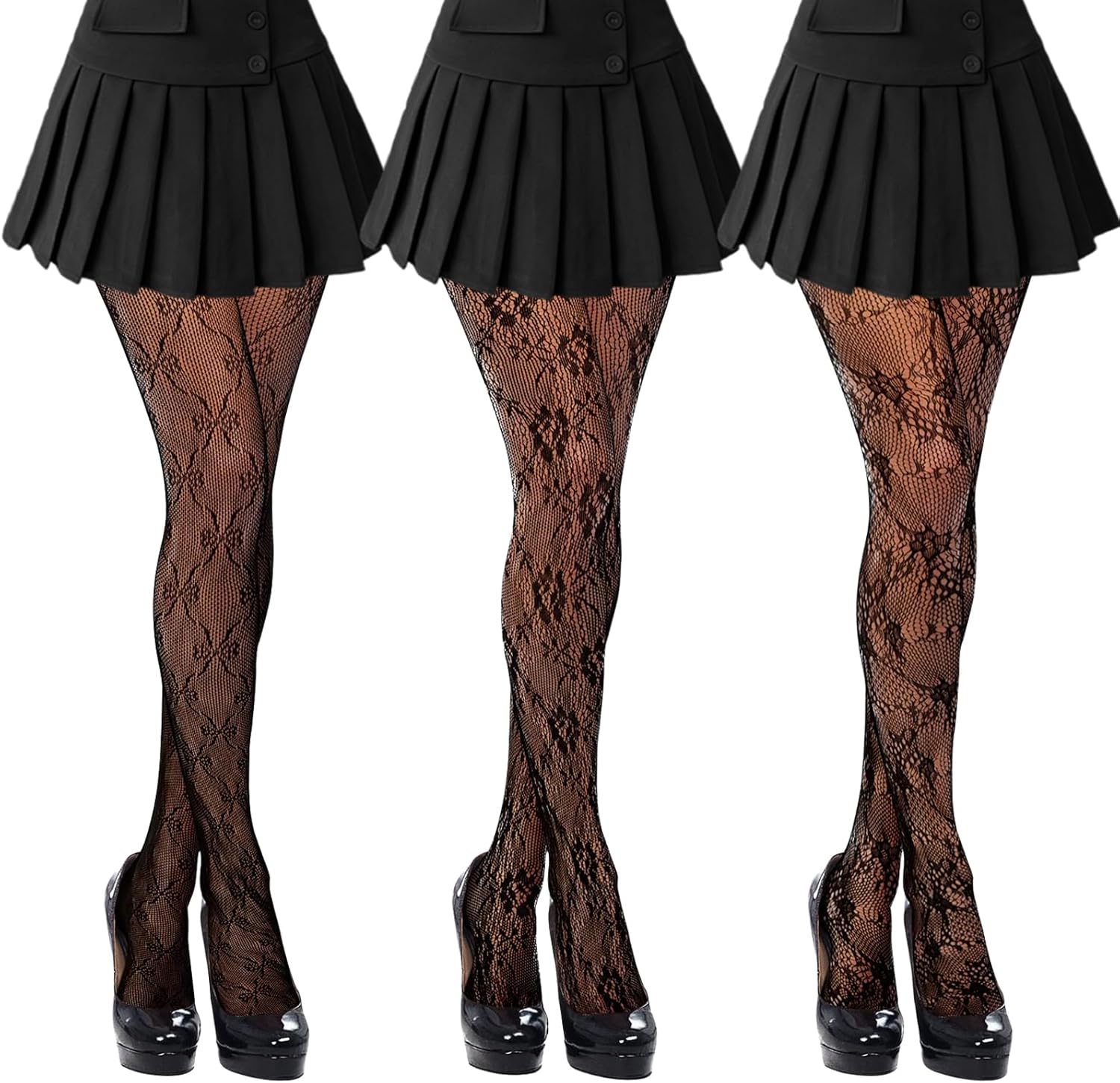 Neyeau Pattern Tights 3 Pairs, Women's Black Patterned Tights, Lace ...