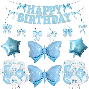Amazon.com: HABDJILTY Blue Bow Birthday Party Decoration, Glitter Bow ...