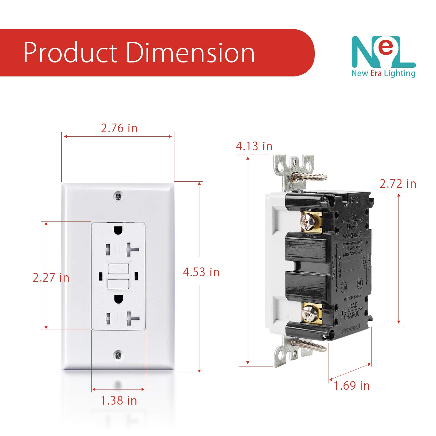 Gfci Receptacle Dimensions BAOMAIN GFCI Outlet Receptacle, 15Amp