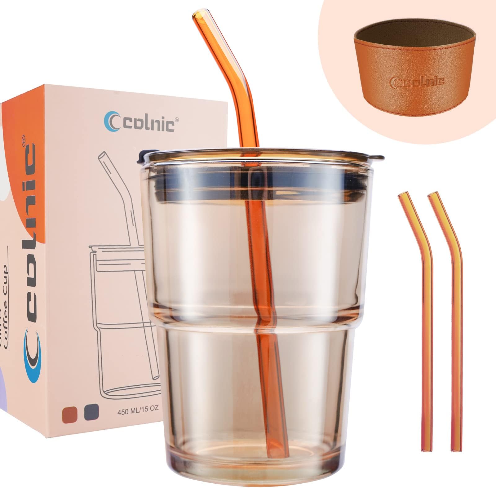 Amazon.com | Olvini 13oz Glass Tumbler with Glass Straw and Lid, Iced ...