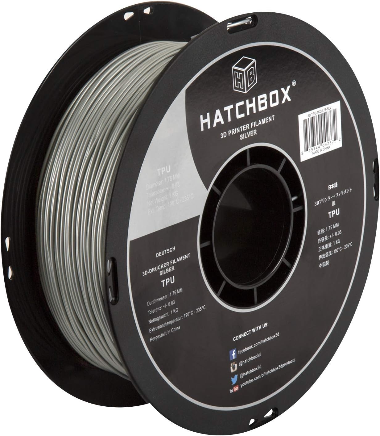 HATCHBOX 1.75mm Silver TPU 3D Printer Filament Shore 95A, 1 KG Spool ...