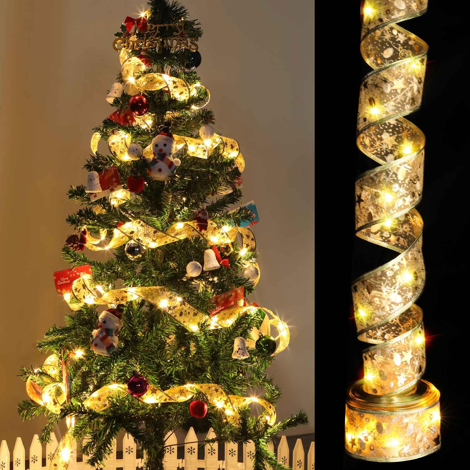 Amazon.com: HINOOR 32ft Christmas Tree Ribbon with 100 LED Lights, Gold ...
