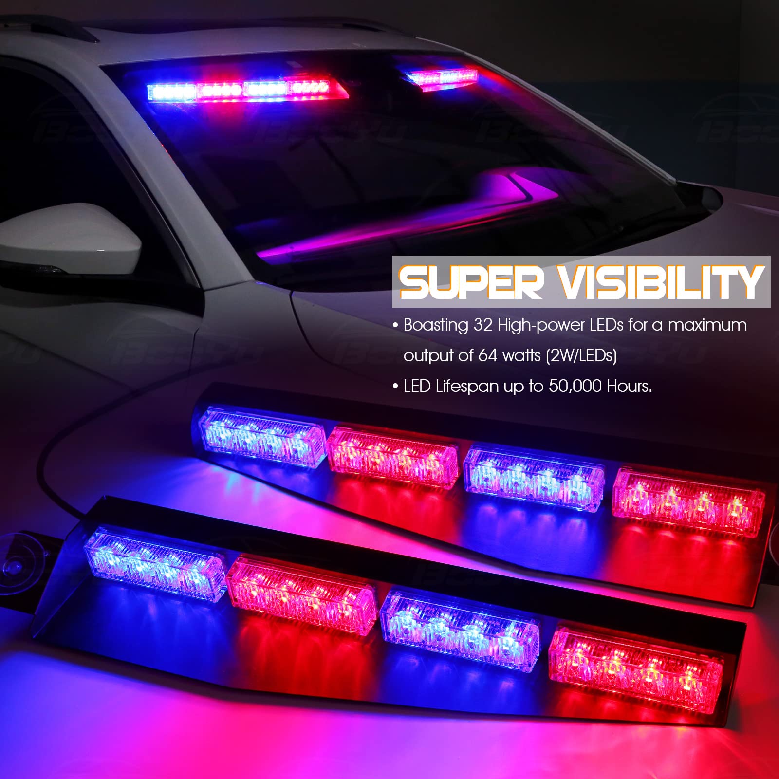 Snapklik.com : BooYu 32 LED Visor Emergency Strobe Light Bar w/Digital ...