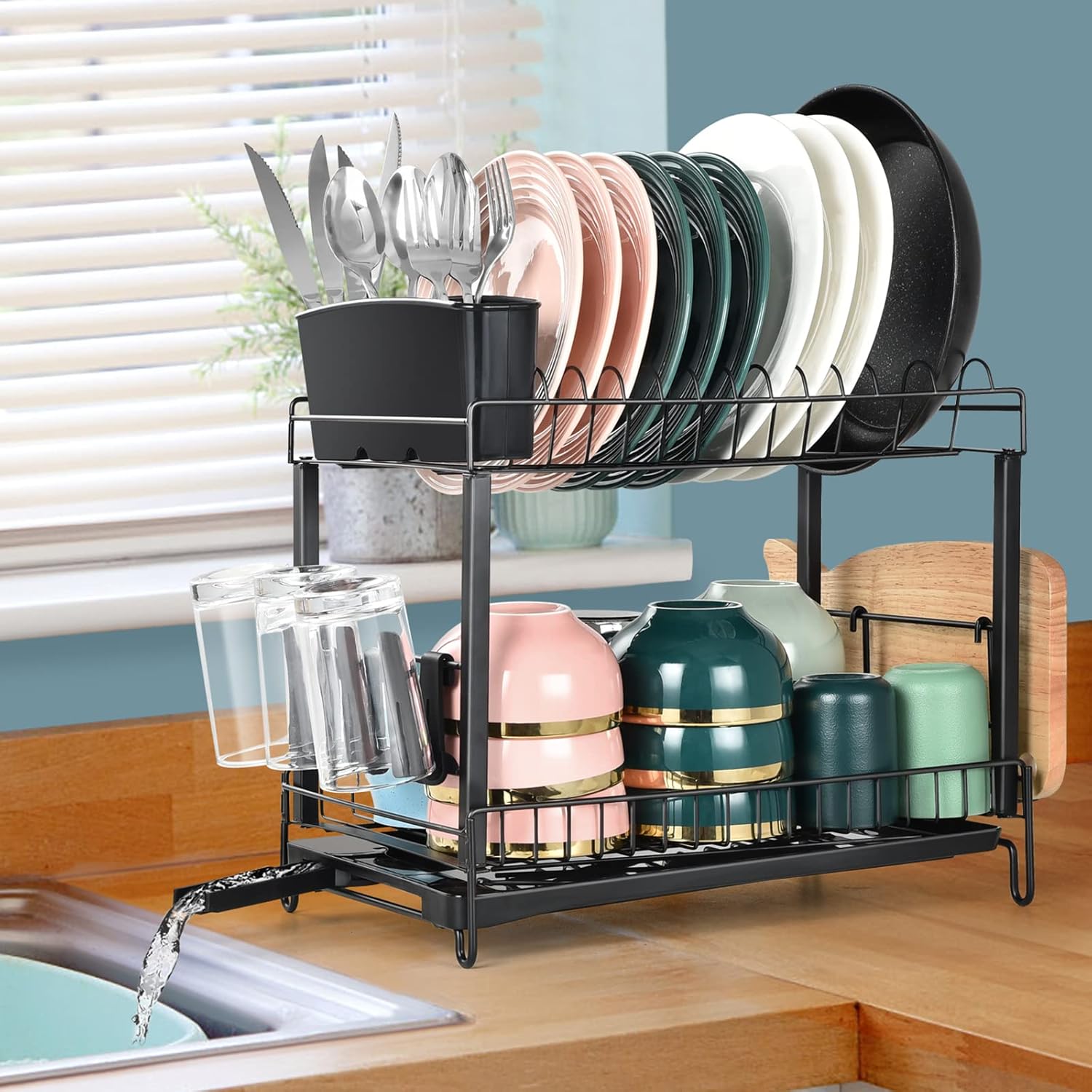 aceyoon 2 Tier Dish Drainer Rack with Drip Tray, Dish Drying Rack with ...
