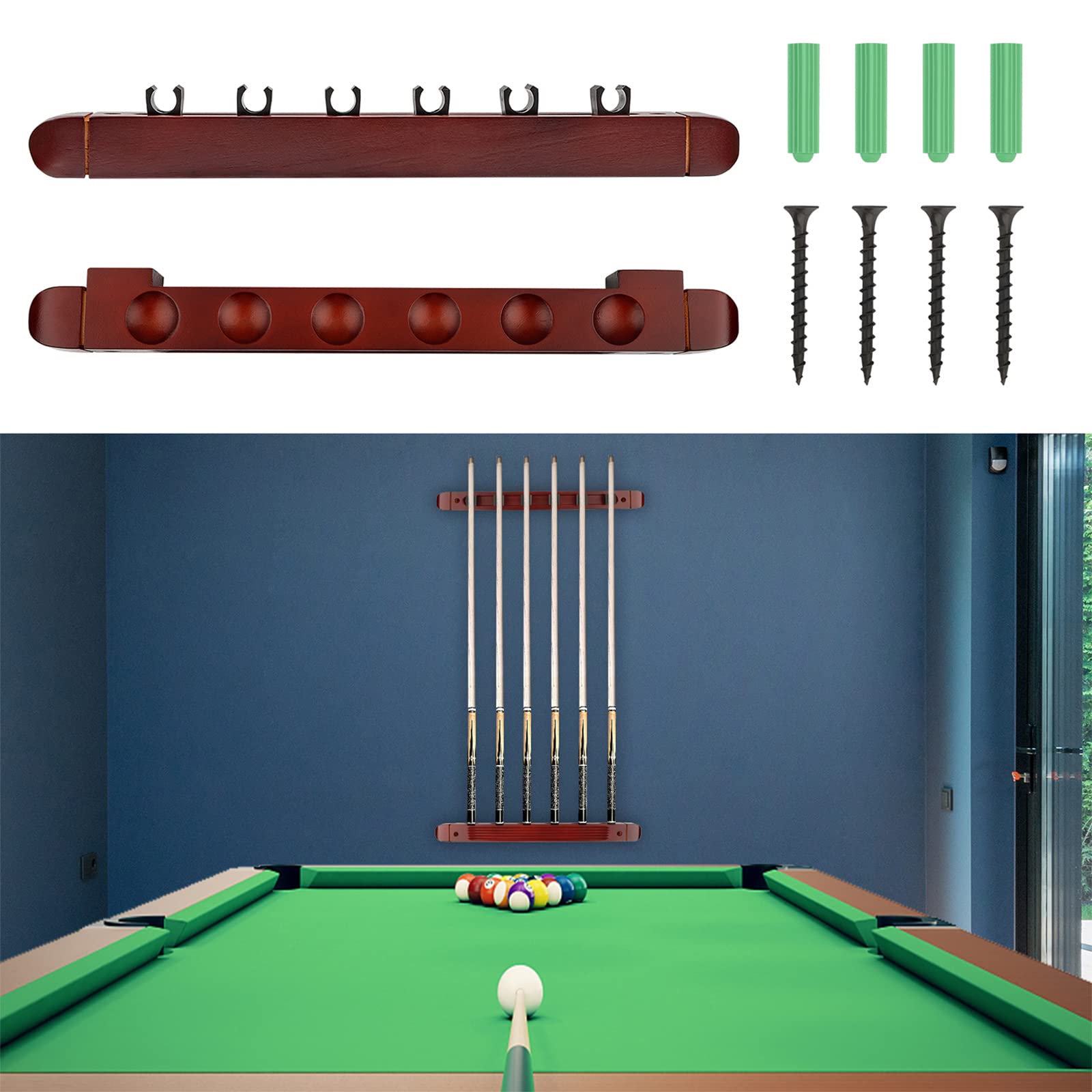Adhafera Pool Cue Holder, 6 Pieces Wall-Mounted Pool Cue Rack, Suitable ...