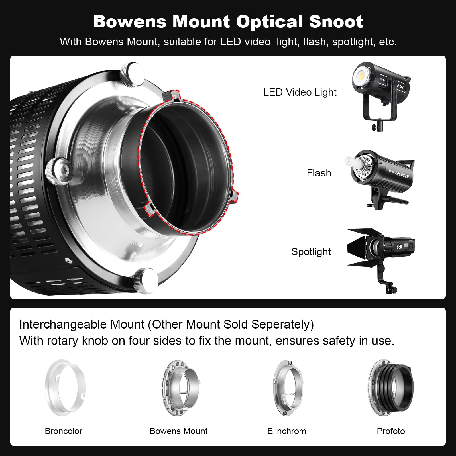 Soonpho Optical Snoot Bowens Mount Projector Attachment Kit with Gobos ...