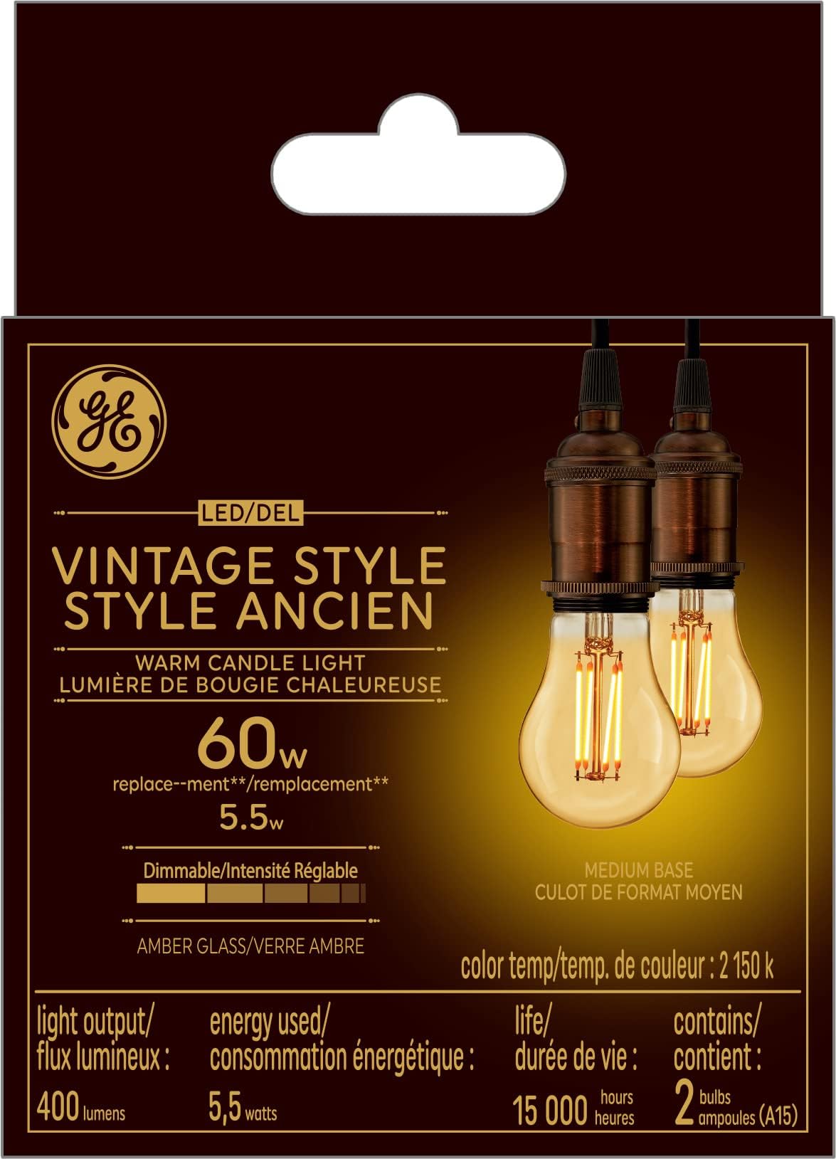 GE Vintage Warm Candle Light 60W Replacement LED Amber Finish Straight ...