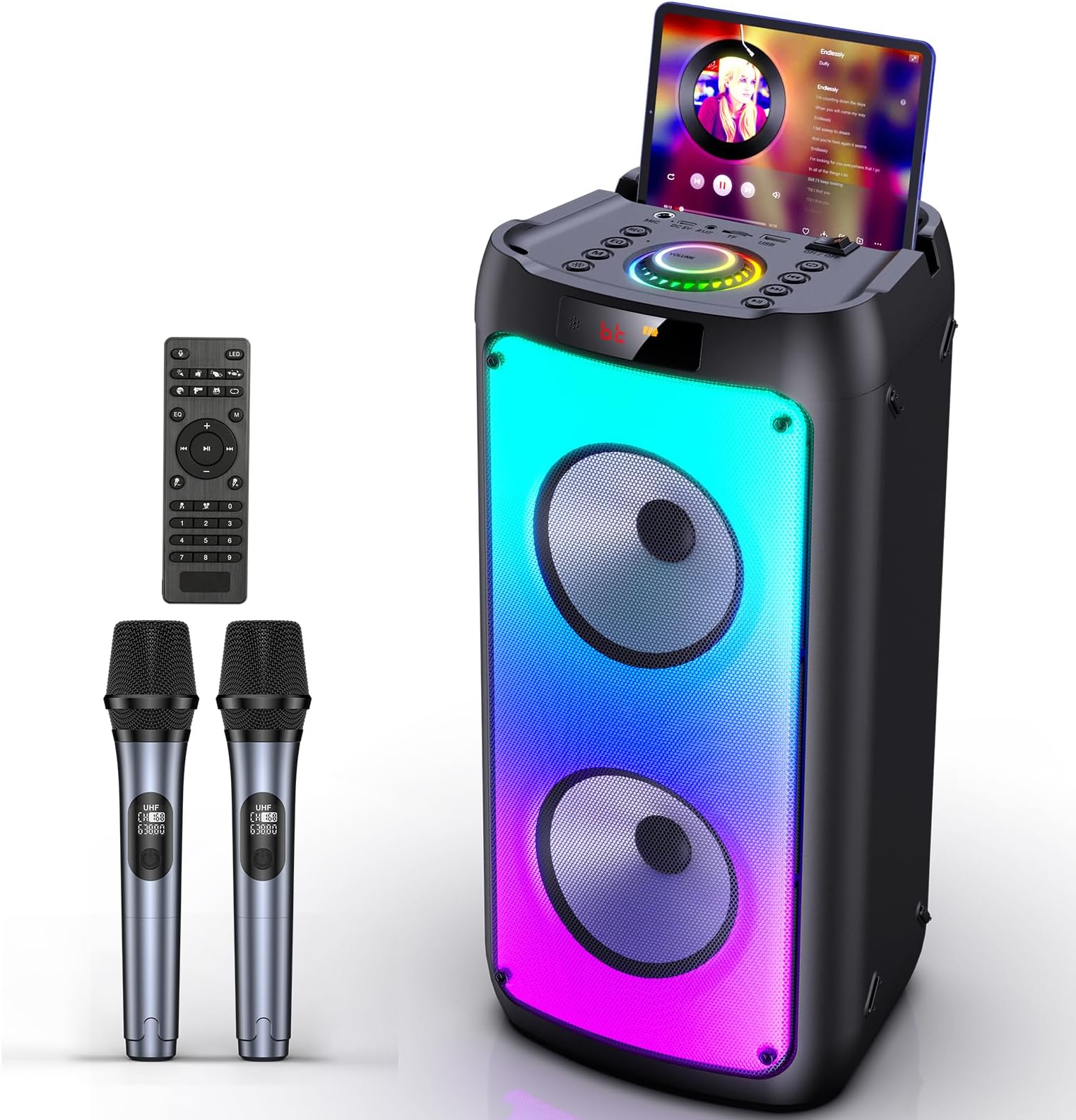 JYX Karaoke Partybox Profissional +2 Microfones Sem Fio, Karaoke Portatil com Luzes de Disco ...