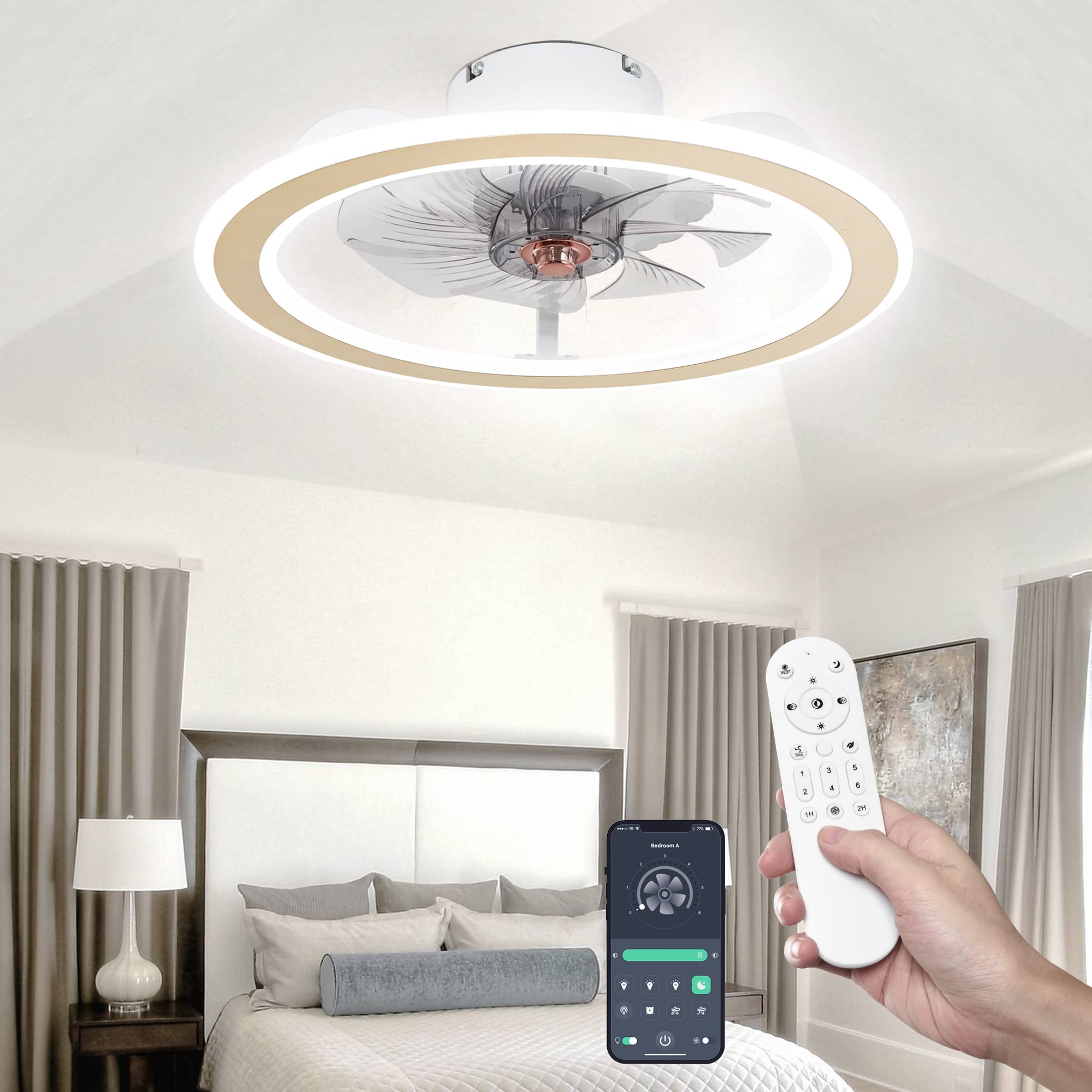 HUMHOLD Low Profile Ceiling Fan with Light, 19" Gold Ceiling Fan with ...