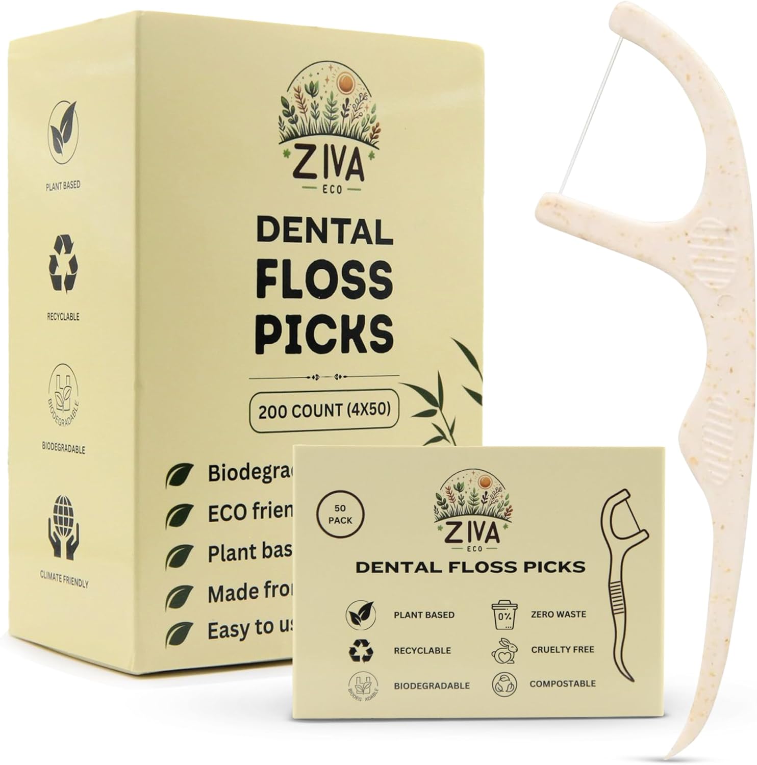 Amazon.com : Ziva Eco Biodegradable Dental Floss Picks for Teeth, 200 ...