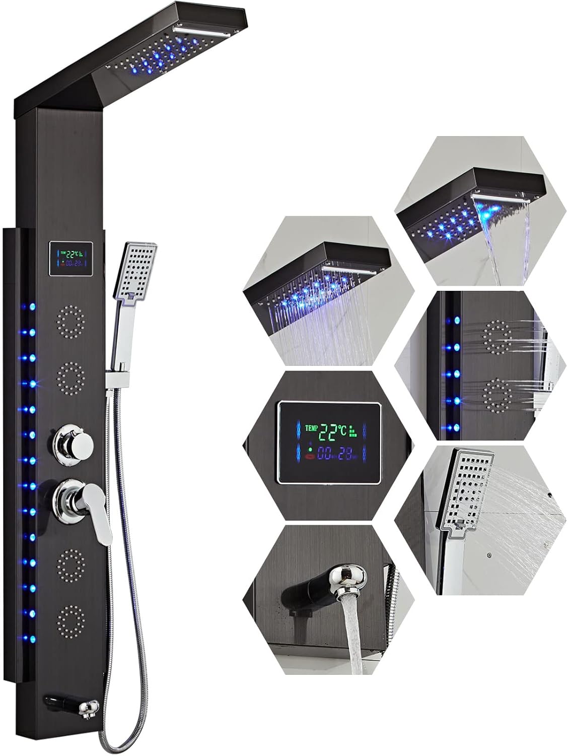 LED Shower Panel Tower System, Stainless Steel 5 in 1 Multi-Function ...