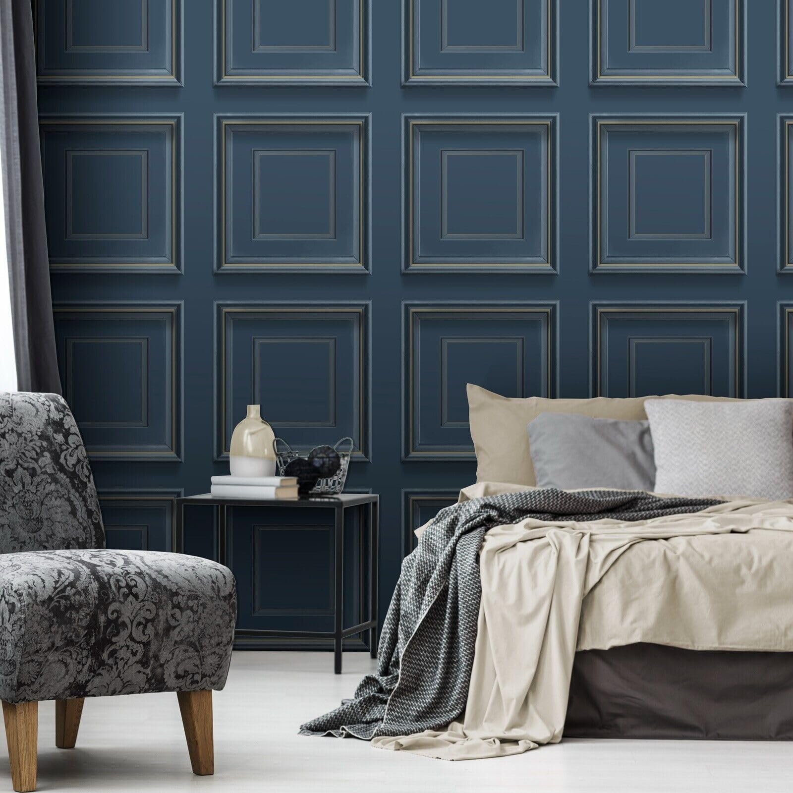 SOPHIE LAURENCE Navy Panel Effect Wallpaper Metallic Realistic 3D ...