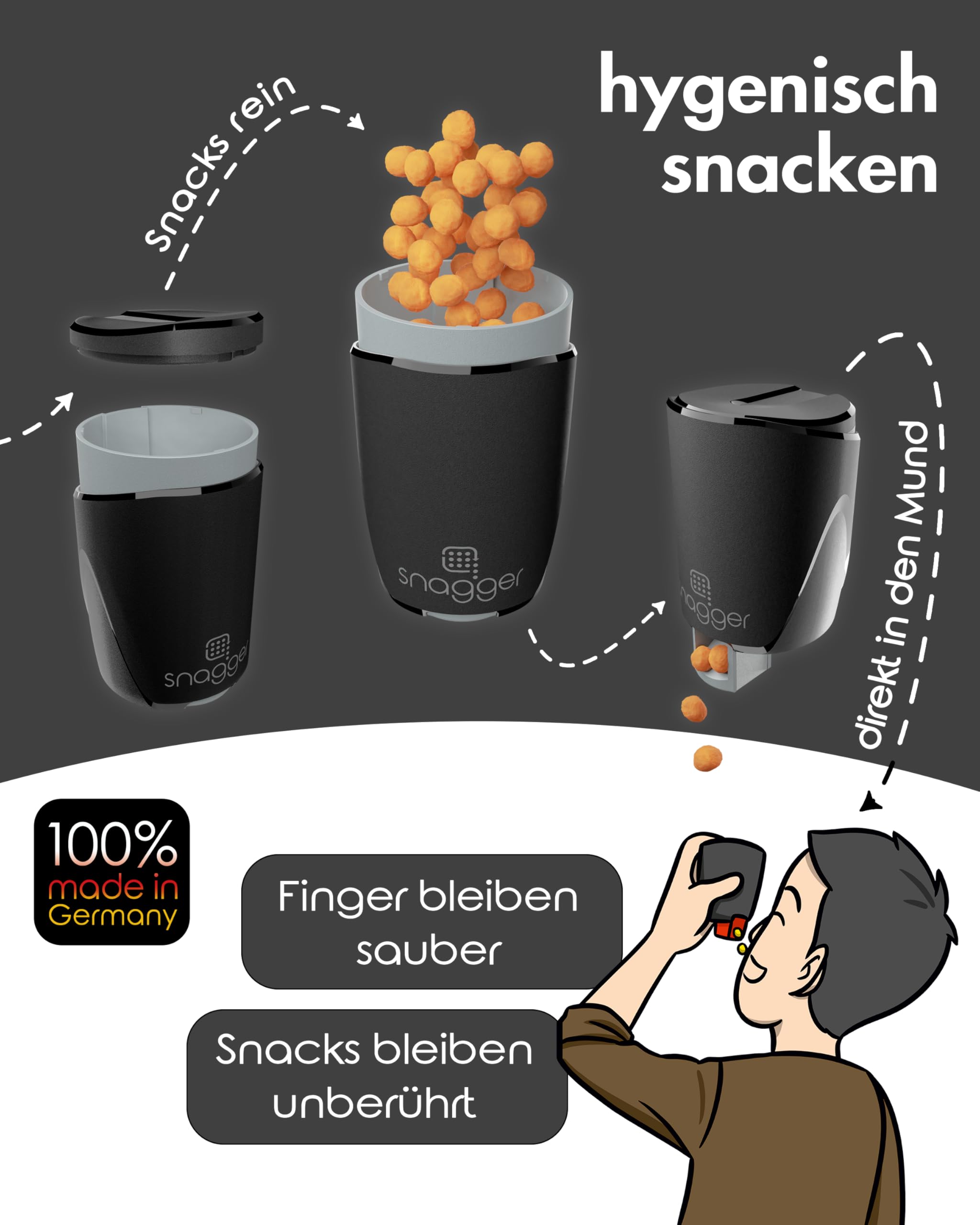 snagger – The snack dispenser // clean hands when snacking (black-grey ...