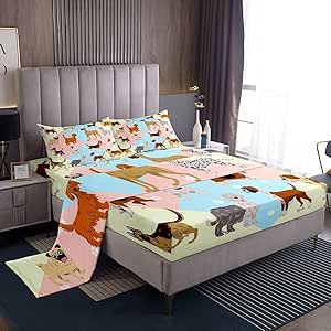 Amazon.com: Feelyou Cartoon Dog Bed Sheet Set Dog Print Bedding Set ...
