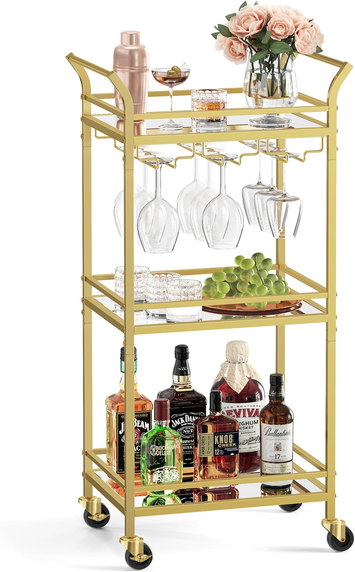 VASAGLE 3-Tier Drinks Trolley, Gold Bar Cart on Wheels, with Handles ...
