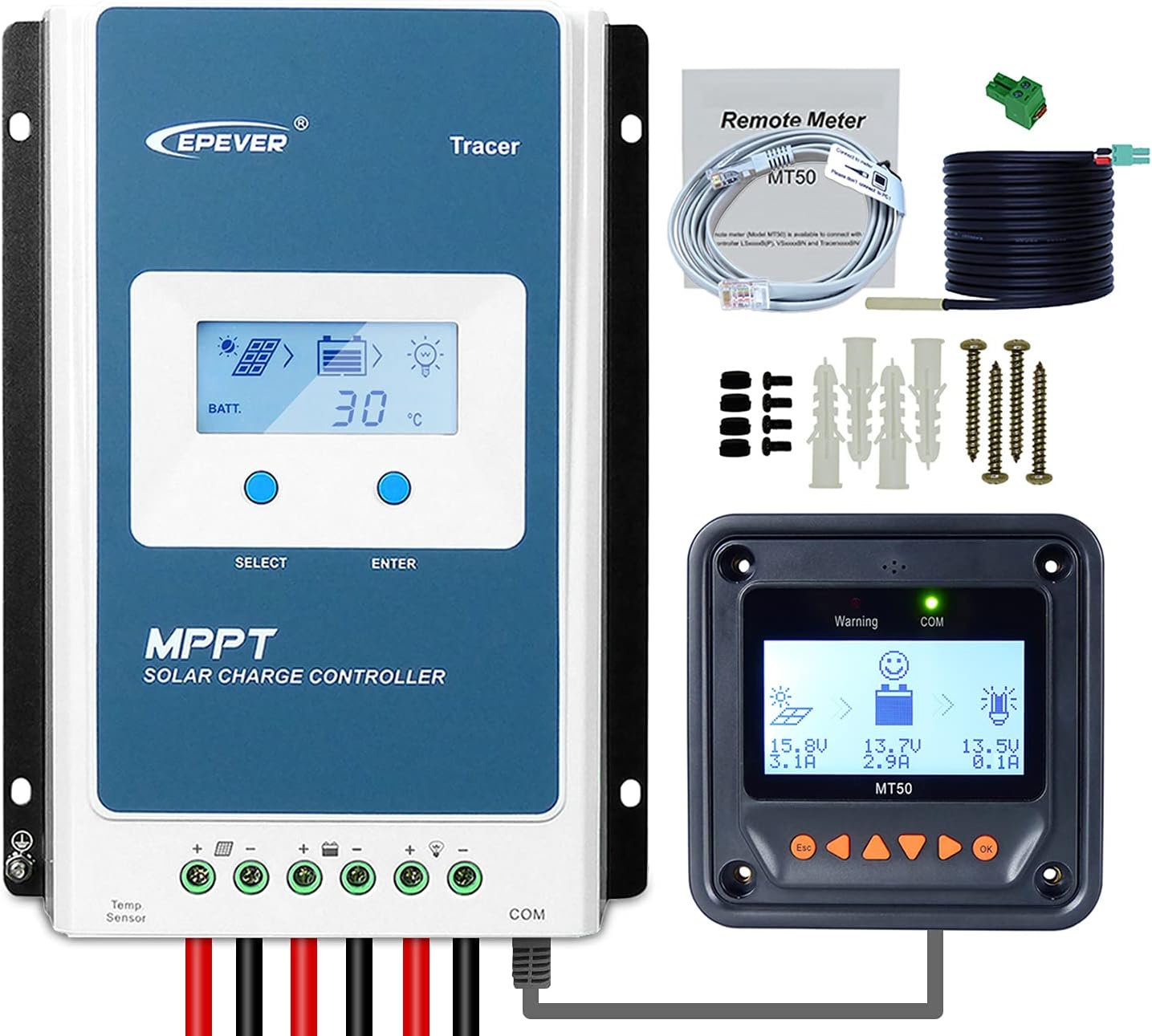 EPEVER MPPT Solar Charge Controller 30A 12V/24V Auto + MT50 Remote Meter + Temp Sensor Cable for ...