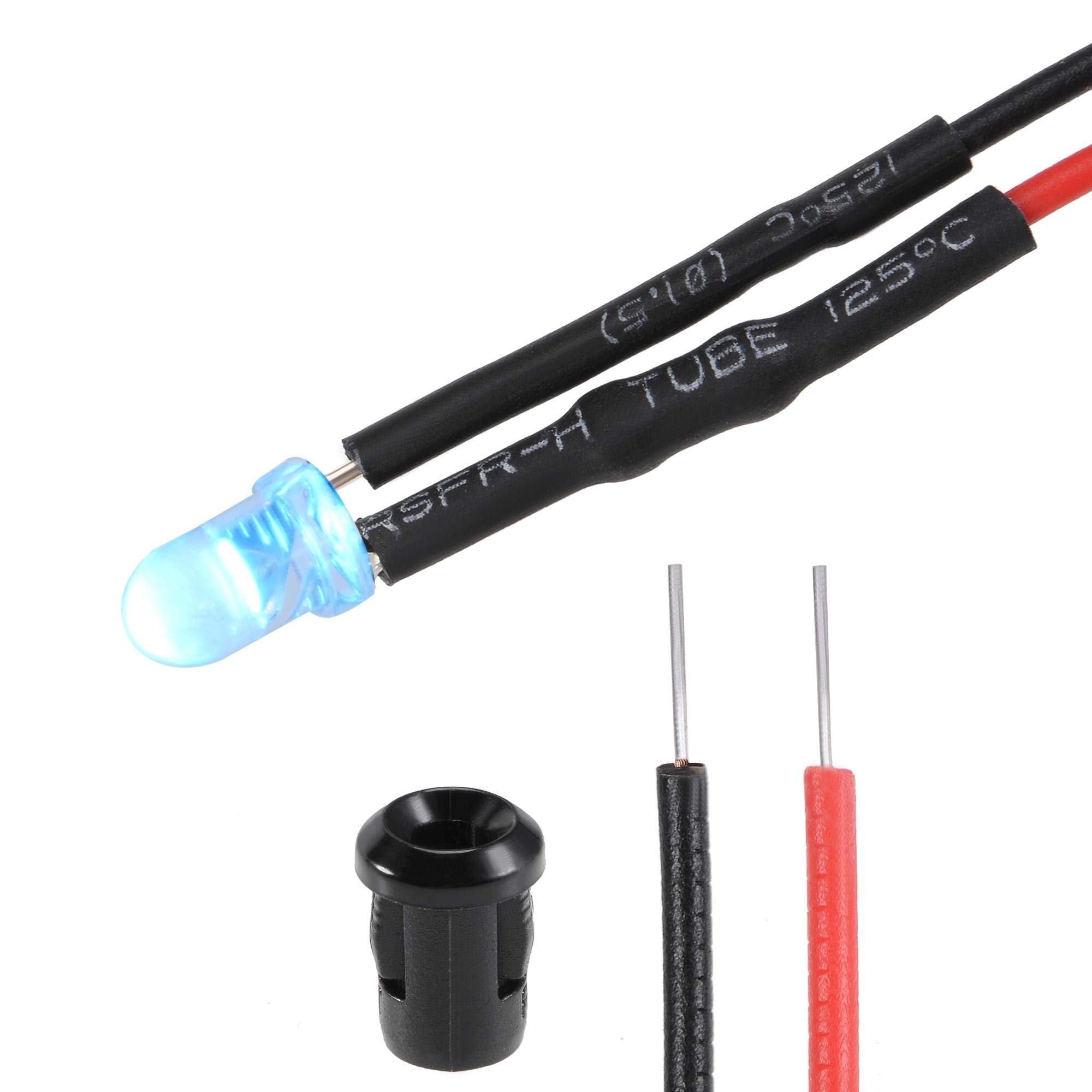 uxcell 5Set DC 12V 3mm Pre Wired LED with Holder, Ice-Blue Light Round ...