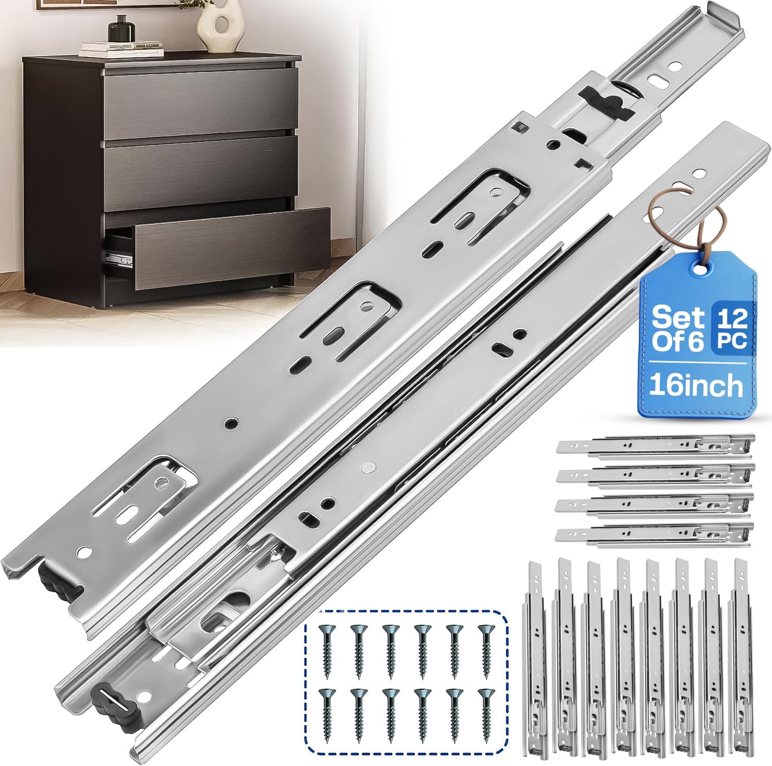 OURSHOM 16 Inch Drawer Slides 6 Pairs (12pcs) Heavy Duty Full Extension ...