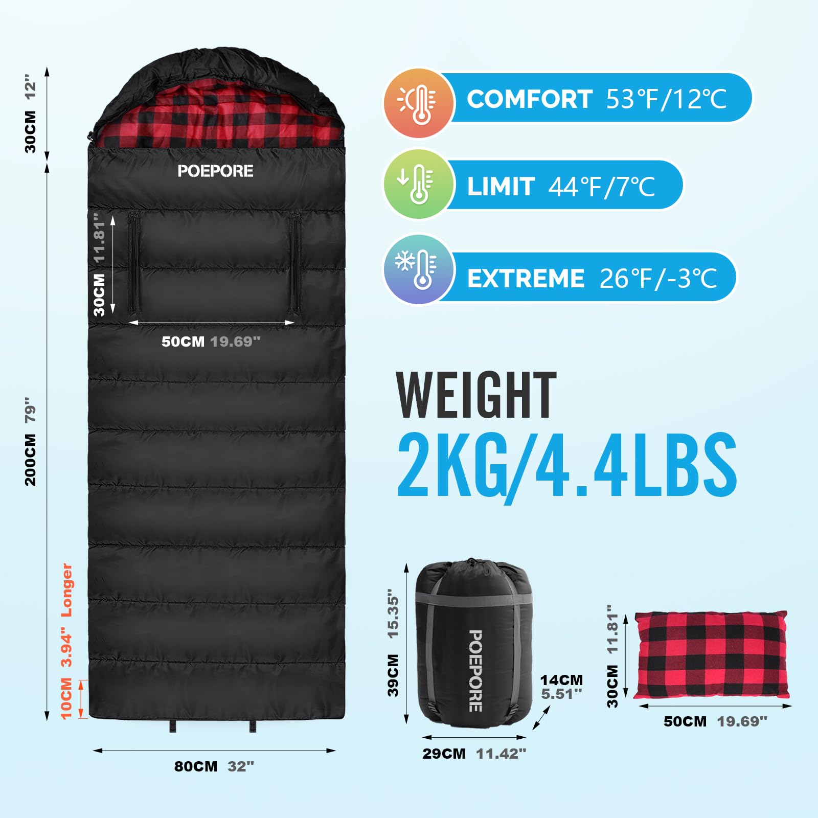 POEPORE Flannel Sleeping Bag with Pillow Lightweight Warm Weather 3-4 ...