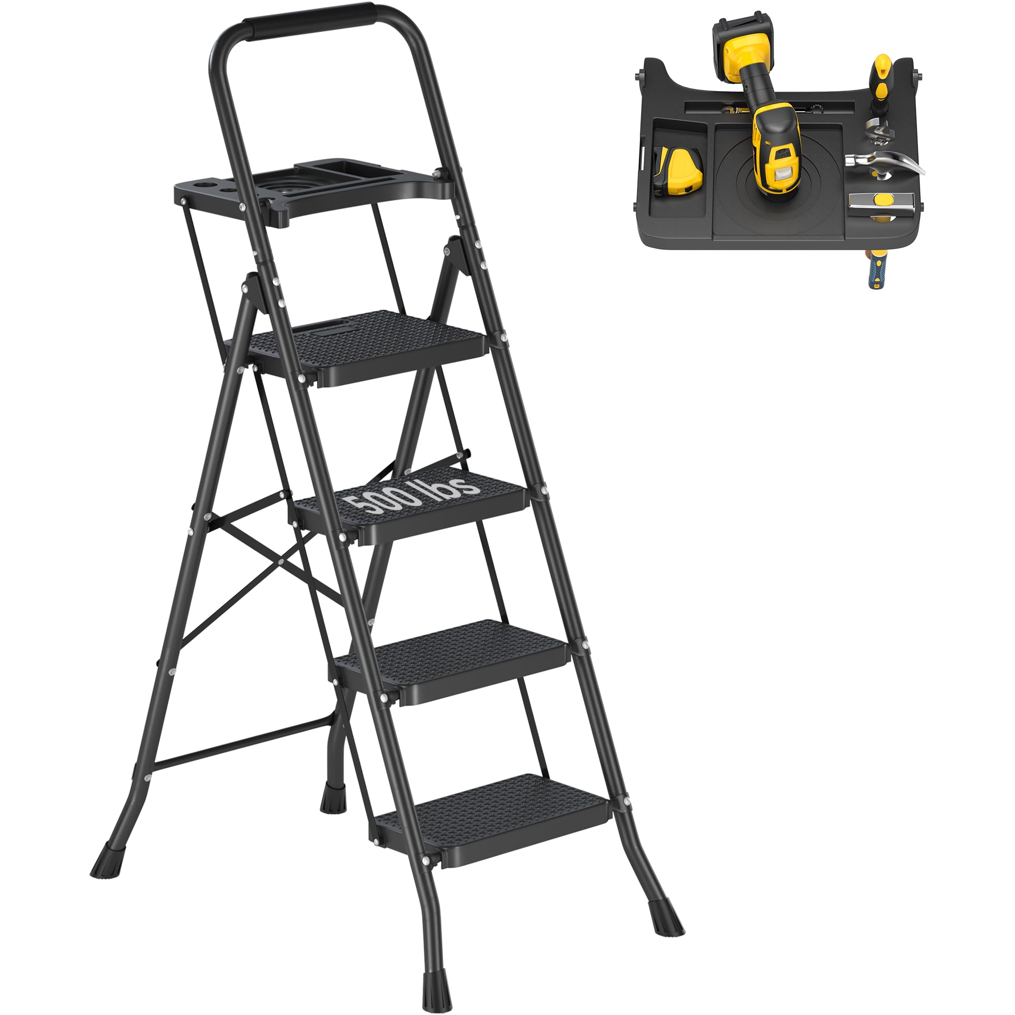 FEMOND 4 Step Ladder with Tool Platform: Folding Step Stool with Wide ...