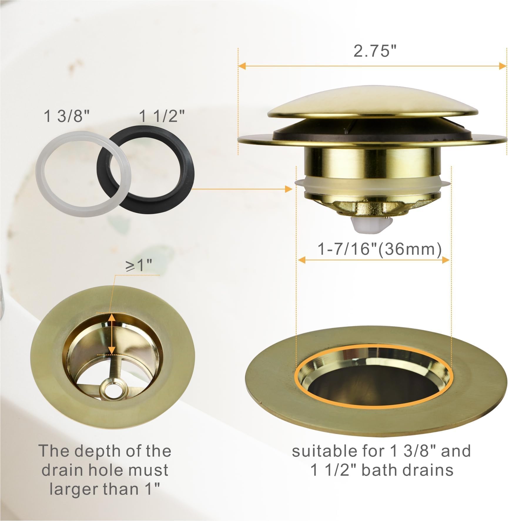 Snapklik.com : Brushed Gold Bath Tub Drain Stoppers,Wellup Universal ...