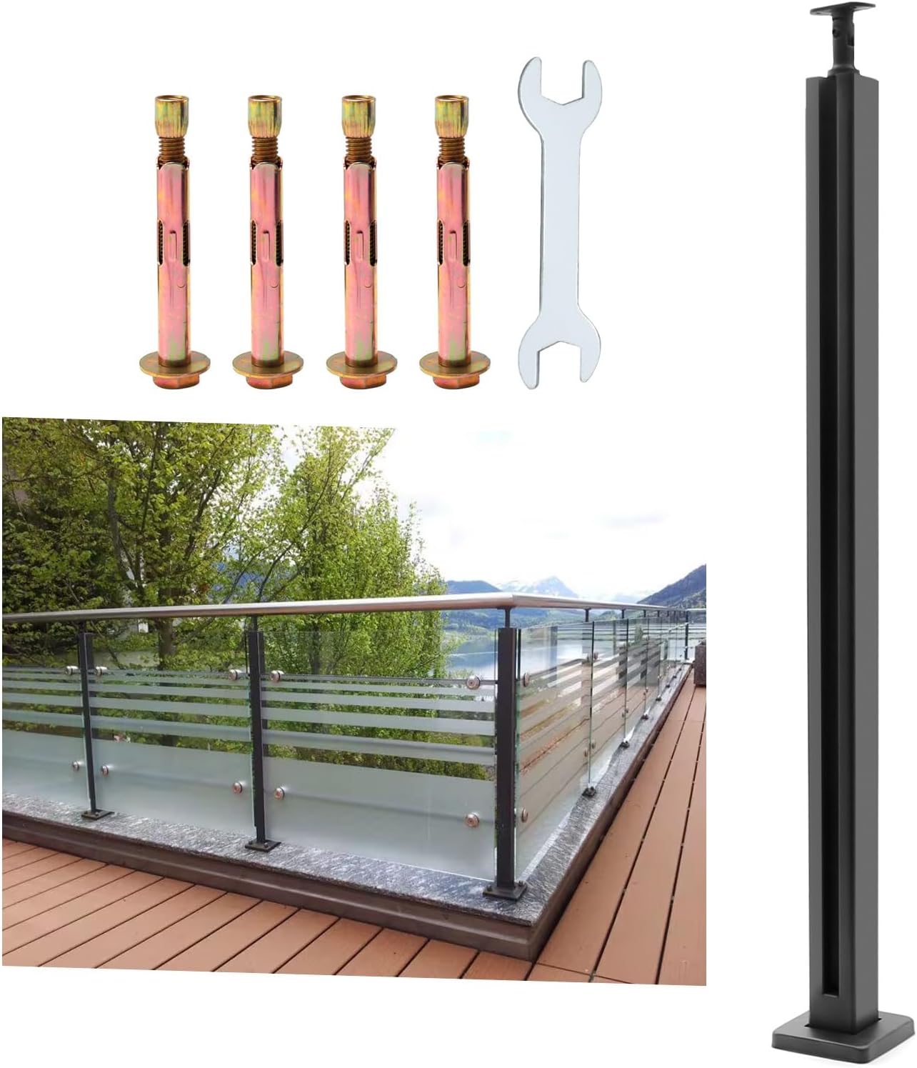 Glass Balustrade Post 37.4" End Post, 304 Stainless Steel Black Glass ...