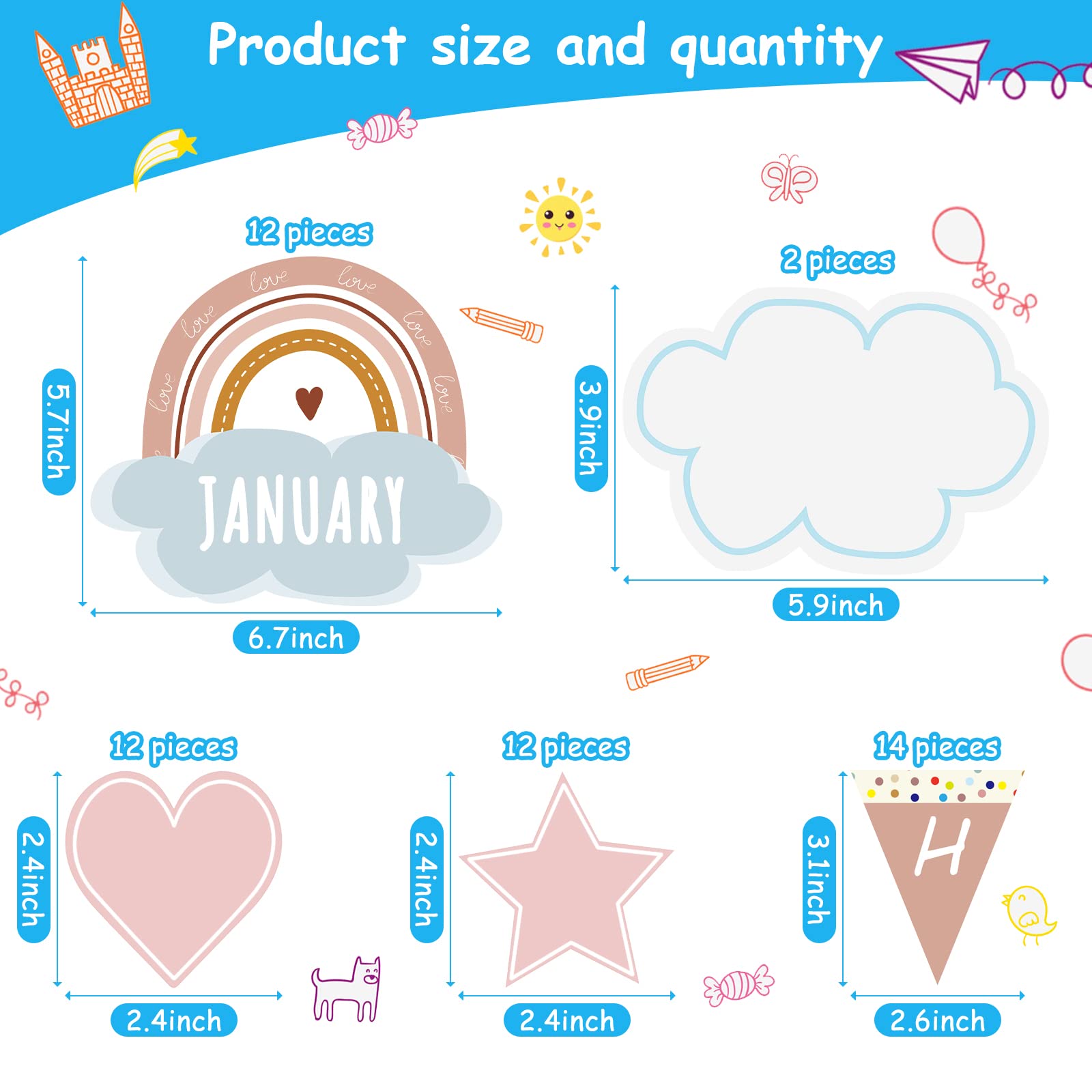 52 Pcs Birthday Bulletin Board Set Rainbow Bulletin Board Decor Happy ...