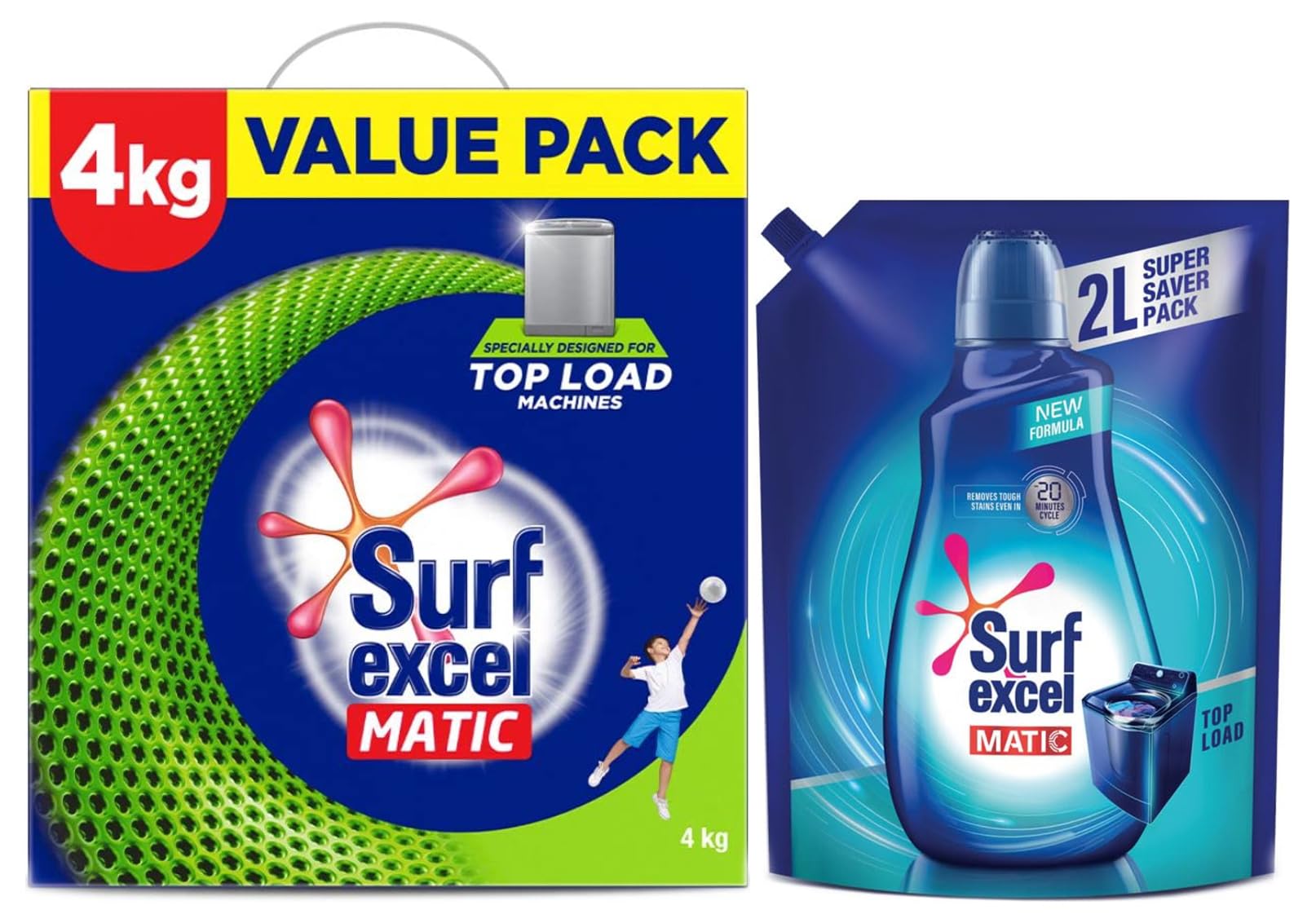 Surf Excel Matic 4Kg Value Pack & Top Load Liquid Detergent 2 L Refill ...