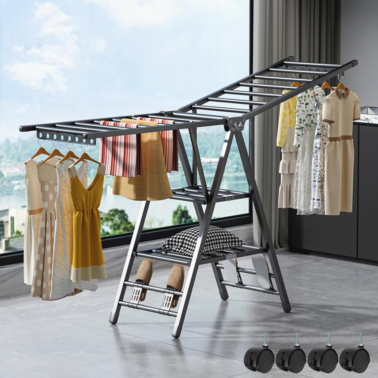 Carbon Steel Clothes Drying Rack, 3-Tier Clothes Drying Stand, Foldable ...