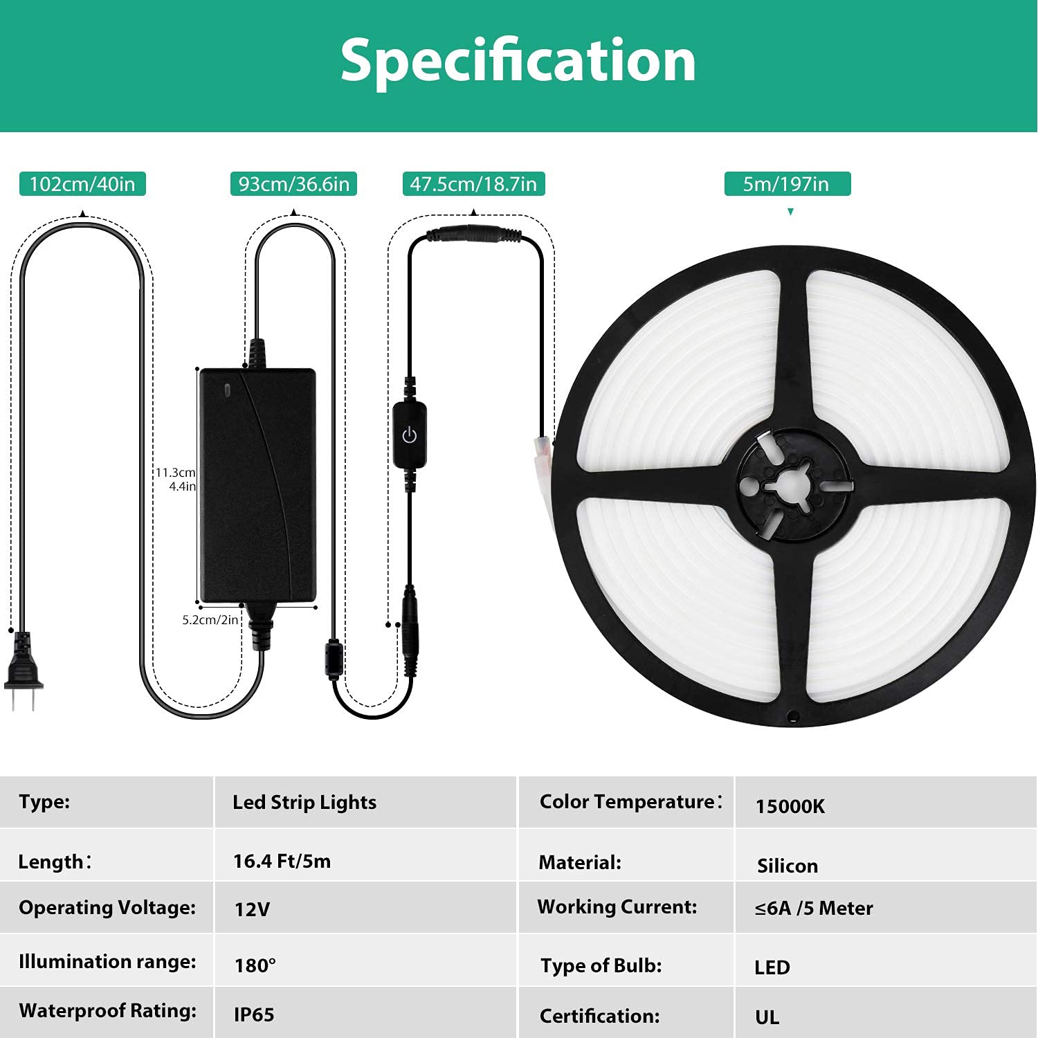 Lamomo LED Neon Rope Light, 12V White Neon LED Strip Light, 16.4ft/5m ...