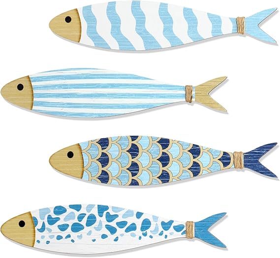Amazon.com: Zzbakress 4 Ps Vintage Beach Wall Decor Wooden Fish ...