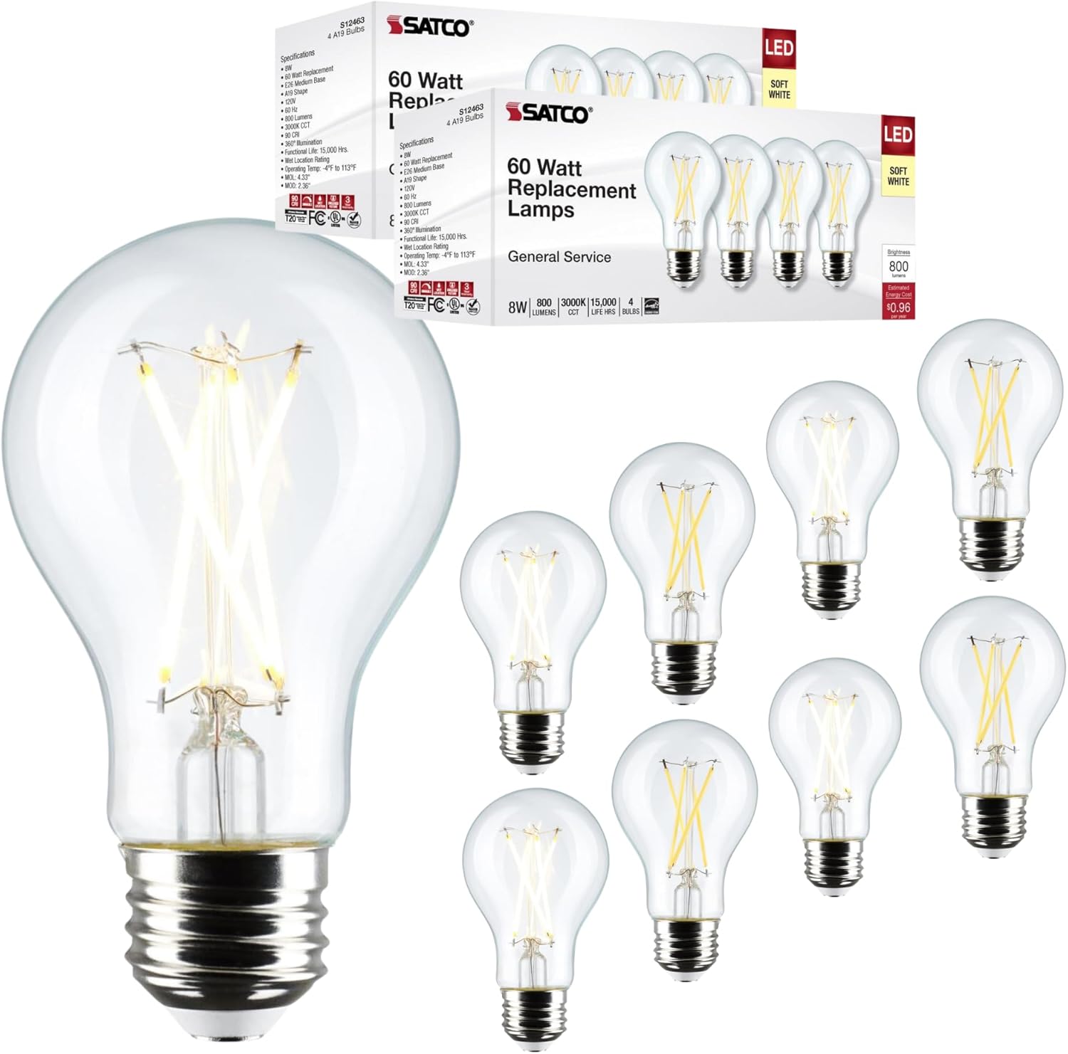 Satco S12463 8Watt 120V LED Light Bulbs 3000K Warm White Light 2Packs ...