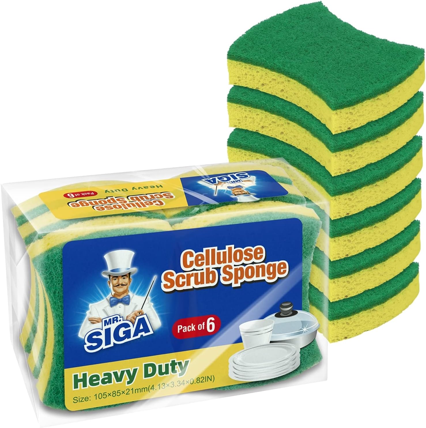 MR.SIGA Heavy Duty Cellulose Scrub Sponge, Dual-Sided Dishwashing ...
