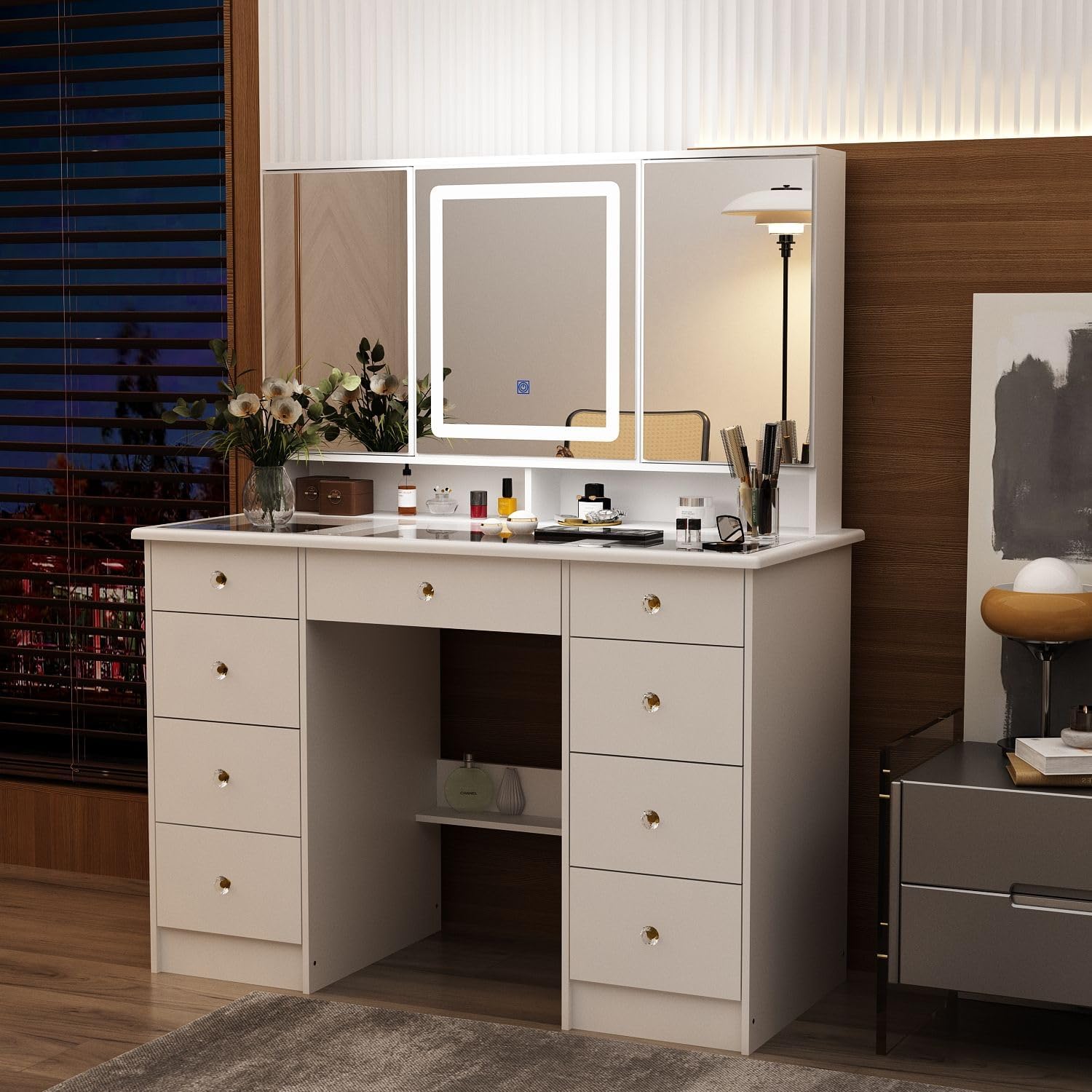 Amazon.com: MOUMON Large Vanity Desk with Open Mirror and Glass ...