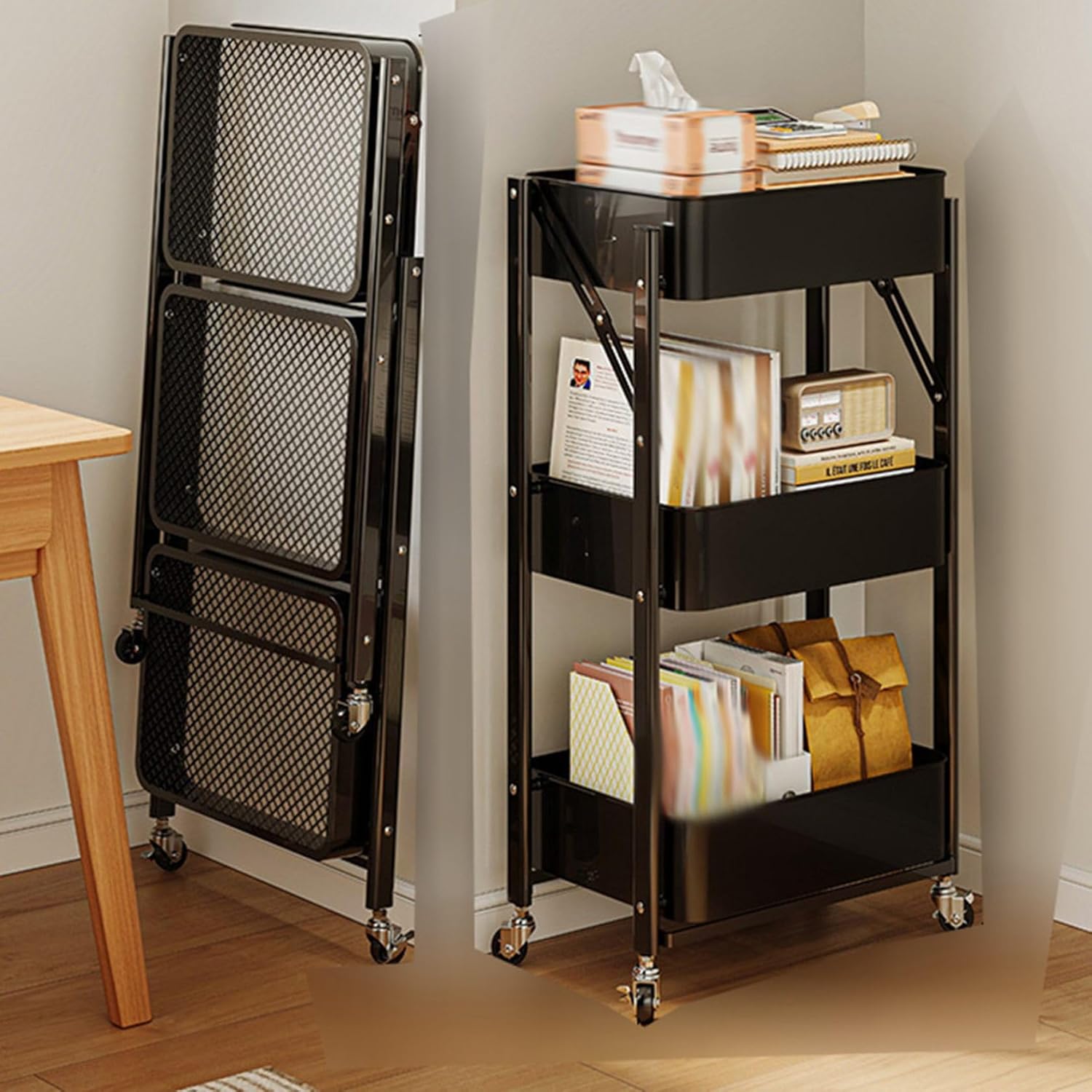 Amazon.co.jp: 3/4 Tier Kitchen Wagon, Foldable, Gap Wagon, Storage Cart ...