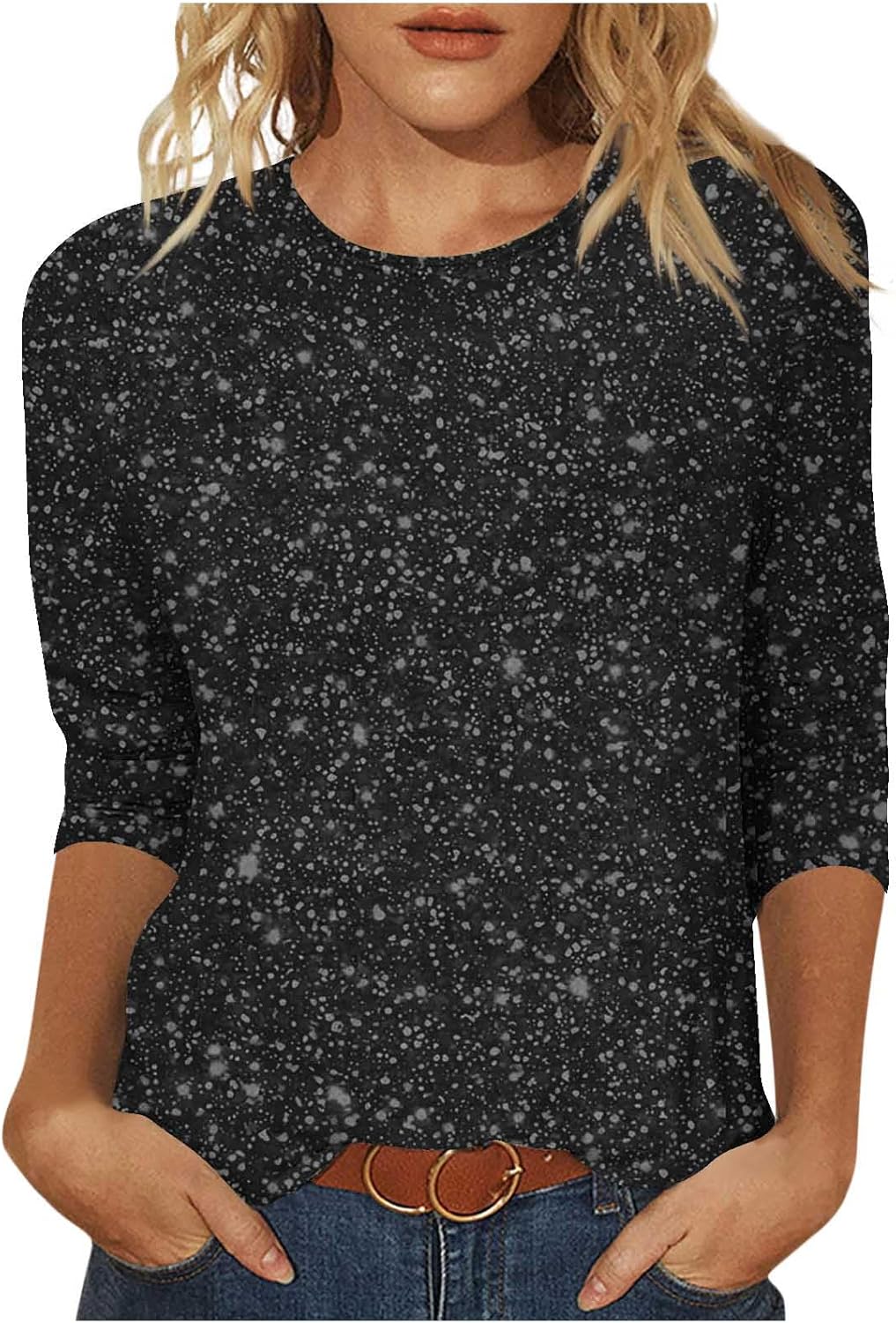 Glitter Tops for Women 3/4 Sleeve Sparkle Print Blouses Crew Neck ...