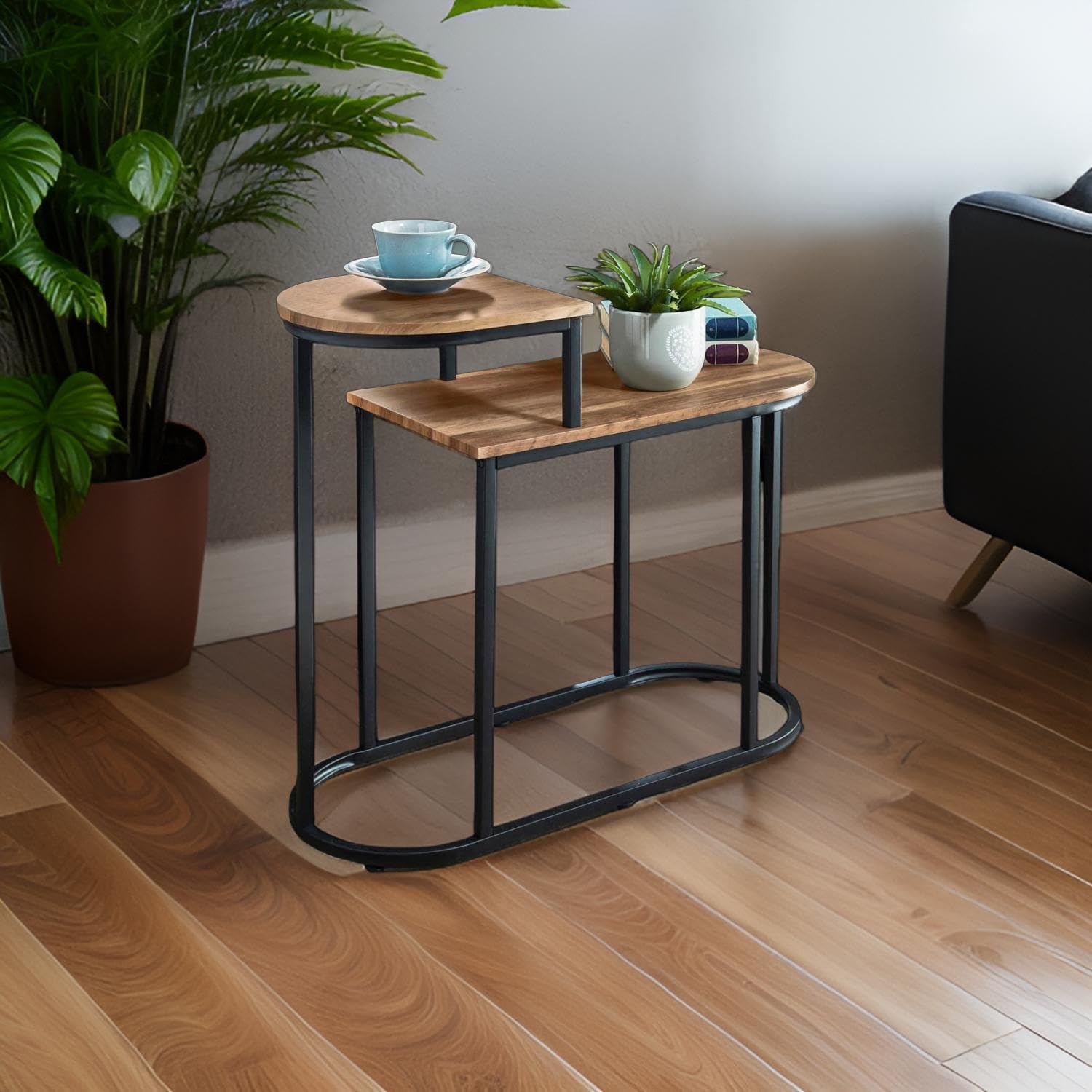 Dylex 2 Tier Side Table Modern Sofa Side Coffee table Rustic Oak Finish ...