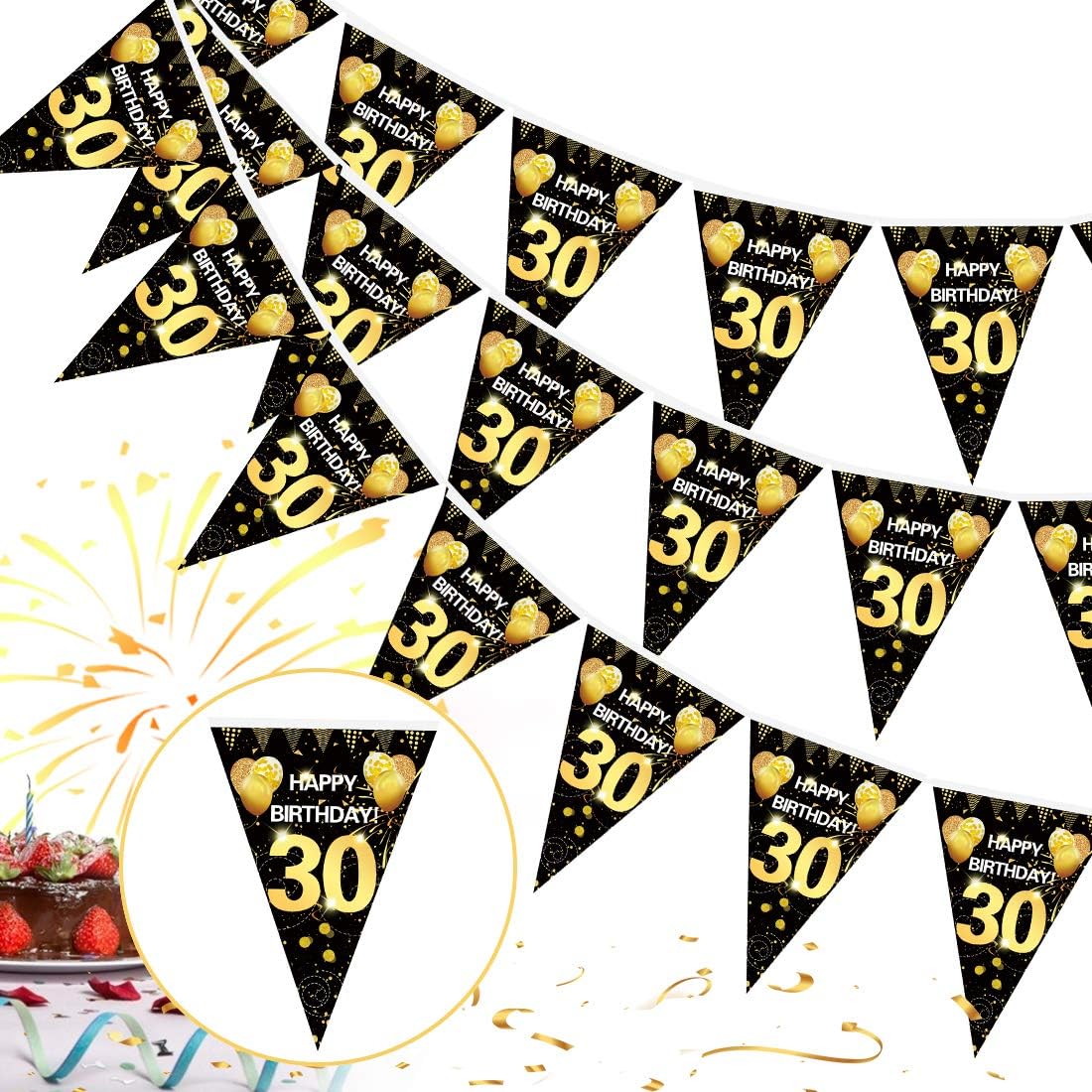 30. Geburtstag Girlande Banner, Schwarz Gold Wimpel Banner ...